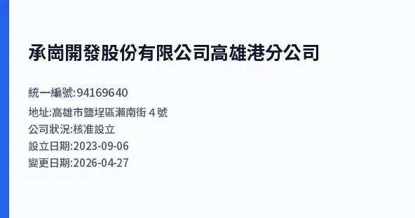 承崗開發股份有限公司高雄港分公司的照片-統編 94169640(高雄市) 公司登記資料與營業項目詳細圖表
