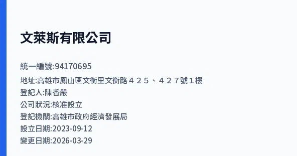 文萊斯有限公司的照片-統編 94170695(高雄市) 公司登記資料與營業項目詳細圖表