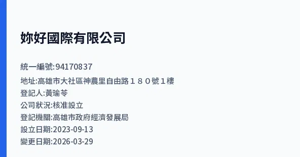 妳好國際有限公司的照片-統編 94170837(高雄市) 公司登記資料與營業項目詳細圖表