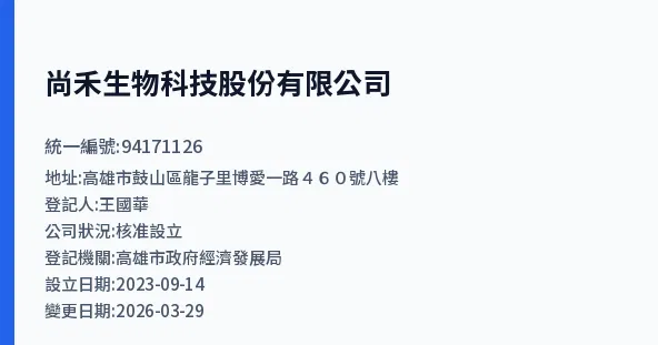 尚禾生物科技股份有限公司的照片-統編 94171126(高雄市) 公司登記資料與營業項目詳細圖表