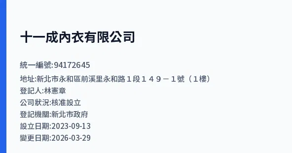 十一成內衣有限公司的照片-統編 94172645(新北市) 公司登記資料與營業項目詳細圖表