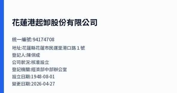 花蓮港起卸股份有限公司的照片-統編 94174708(花蓮縣) 公司登記資料與營業項目詳細圖表