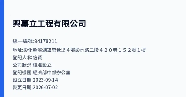 興嘉立工程有限公司的照片-統編 94178211(彰化縣) 公司登記資料與營業項目詳細圖表