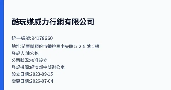 酷玩媒威力行銷有限公司的照片-統編 94178660(苗栗縣) 公司登記資料與營業項目詳細圖表