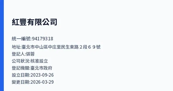 紅豐有限公司的照片-統編 94179318(臺北市) 公司登記資料與營業項目詳細圖表
