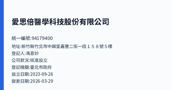 愛思倍醫學科技股份有限公司的照片-統編 94179400(新竹縣) 公司登記資料與營業項目詳細圖表