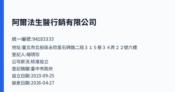 阿爾法生醫行銷有限公司的照片-統編 94183333(臺北市) 公司登記資料與營業項目詳細圖表