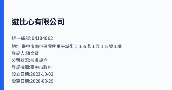 遊比心有限公司的照片-統編 94184662(臺中市) 公司登記資料與營業項目詳細圖表