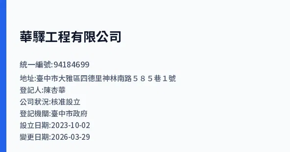 華驛工程有限公司的照片-統編 94184699(臺中市) 公司登記資料與營業項目詳細圖表
