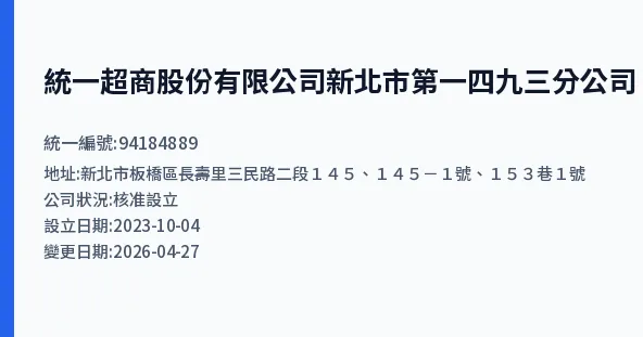 統一超商股份有限公司新北市第一四九三分公司的照片-統編 94184889(新北市) 公司登記資料與營業項目詳細圖表