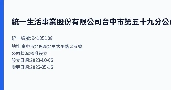 統一生活事業股份有限公司台中市第五十九分公司的照片-統編 94185108(臺中市) 公司登記資料與營業項目詳細圖表