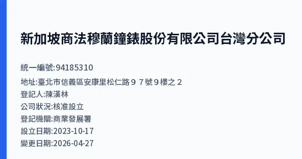 新加坡商法穆蘭鐘錶股份有限公司台灣分公司的照片-統編 94185310(臺北市) 公司登記資料與營業項目詳細圖表