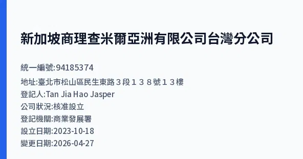 新加坡商理查米爾亞洲有限公司台灣分公司的照片-統編 94185374(臺北市) 公司登記資料與營業項目詳細圖表