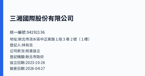 三湘國際股份有限公司的照片-統編 94192136(新北市) 公司登記資料與營業項目詳細圖表