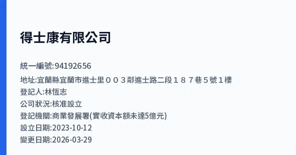 得士康有限公司的照片-統編 94192656(宜蘭縣) 公司登記資料與營業項目詳細圖表