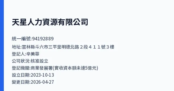天星人力資源有限公司的照片-統編 94192889(雲林縣) 公司登記資料與營業項目詳細圖表