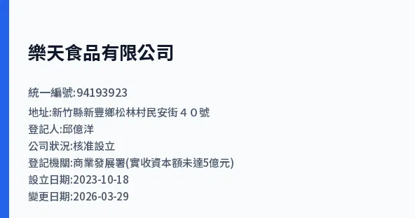 樂天食品有限公司的照片-統編 94193923(新竹縣) 公司登記資料與營業項目詳細圖表