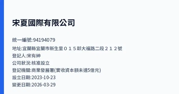 宋夏國際有限公司的照片-統編 94194079(宜蘭縣) 公司登記資料與營業項目詳細圖表
