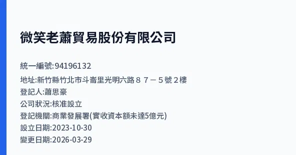 微笑老蕭貿易股份有限公司的照片-統編 94196132(新竹縣) 公司登記資料與營業項目詳細圖表
