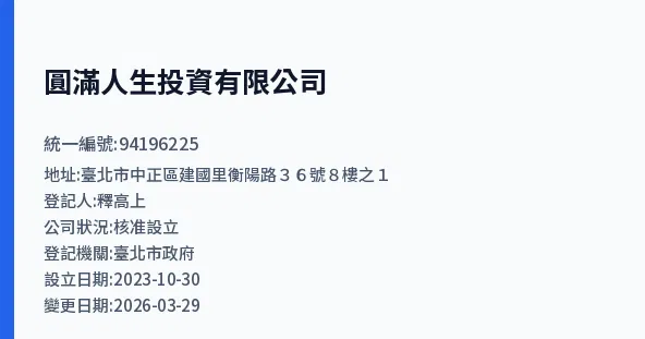 圓滿人生投資有限公司的照片-統編 94196225(臺北市) 公司登記資料與營業項目詳細圖表