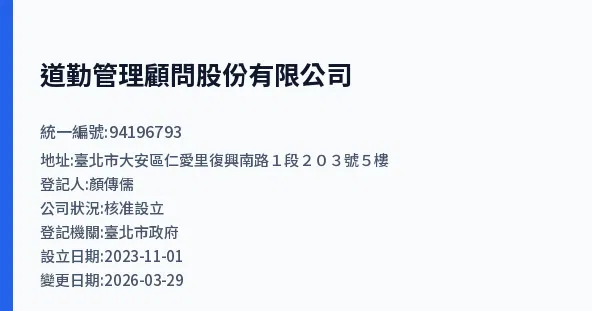 道勤管理顧問股份有限公司的照片-統編 94196793(臺北市) 公司登記資料與營業項目詳細圖表