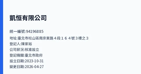 凱恒有限公司的照片-統編 94196885(臺北市) 公司登記資料與營業項目詳細圖表