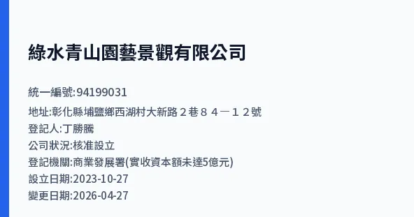 綠水青山園藝景觀有限公司的照片-統編 94199031(彰化縣) 公司登記資料與營業項目詳細圖表