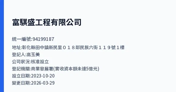 富騏盛工程有限公司的照片-統編 94199187(彰化縣) 公司登記資料與營業項目詳細圖表