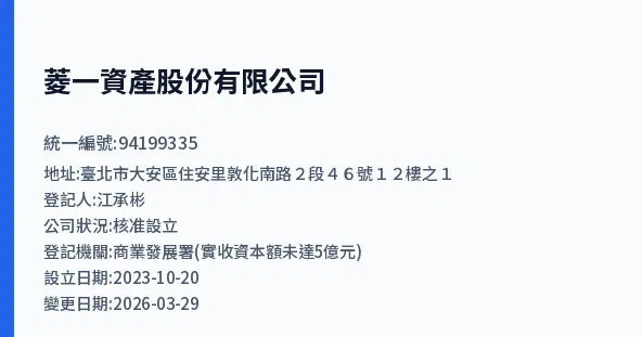 菱一資產股份有限公司的照片-統編 94199335(臺北市) 公司登記資料與營業項目詳細圖表