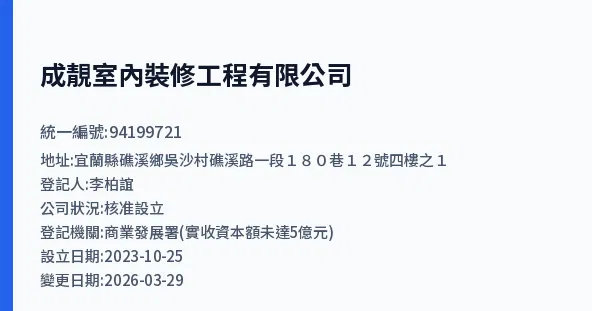 成靚室內裝修工程有限公司的照片-統編 94199721(宜蘭縣) 公司登記資料與營業項目詳細圖表