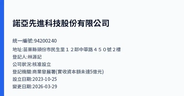 諾亞先進科技股份有限公司的照片-統編 94200240(苗栗縣) 公司登記資料與營業項目詳細圖表