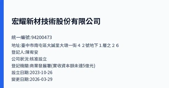 宏耀新材技術股份有限公司的照片-統編 94200473(臺中市) 公司登記資料與營業項目詳細圖表