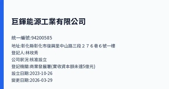 巨鍕能源工業有限公司的照片-統編 94200585(彰化縣) 公司登記資料與營業項目詳細圖表