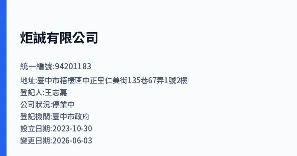 炬誠有限公司的照片-統編 94201183(臺中市) 公司登記資料與營業項目詳細圖表
