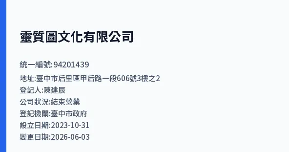 靈質圖文化有限公司的照片-統編 94201439(臺中市) 公司登記資料與營業項目詳細圖表