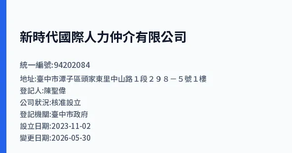 新時代國際人力仲介有限公司的照片-統編 94202084(臺中市) 公司登記資料與營業項目詳細圖表