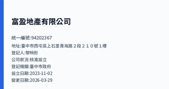 富盈地產有限公司的照片-統編 94202367(臺中市) 公司登記資料與營業項目詳細圖表
