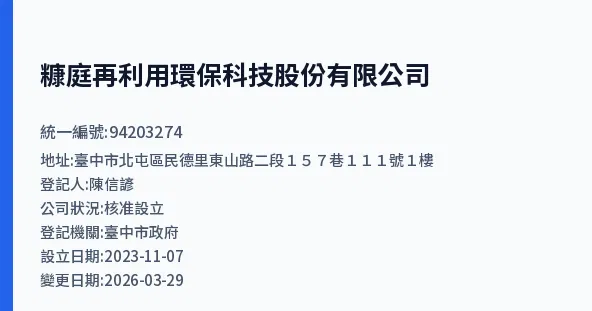 糠庭再利用環保科技股份有限公司的照片-統編 94203274(臺中市) 公司登記資料與營業項目詳細圖表
