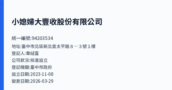 小媳婦大豐收股份有限公司的照片-統編 94203534(臺中市) 公司登記資料與營業項目詳細圖表