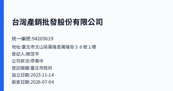 台灣產銷批發股份有限公司的照片-統編 94205619(臺北市) 公司登記資料與營業項目詳細圖表