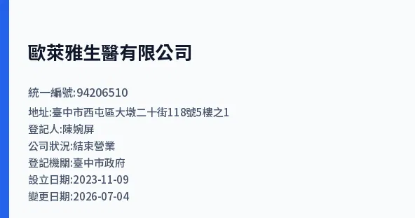 歐萊雅生醫有限公司的照片-統編 94206510(臺中市) 公司登記資料與營業項目詳細圖表