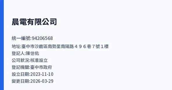晨電有限公司的照片-統編 94206568(臺中市) 公司登記資料與營業項目詳細圖表