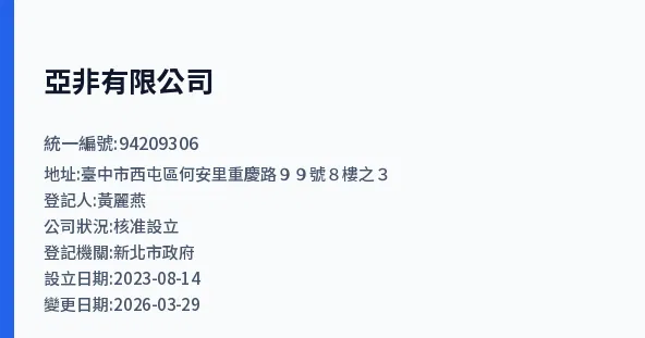 亞非有限公司的照片-統編 94209306(臺中市) 公司登記資料與營業項目詳細圖表