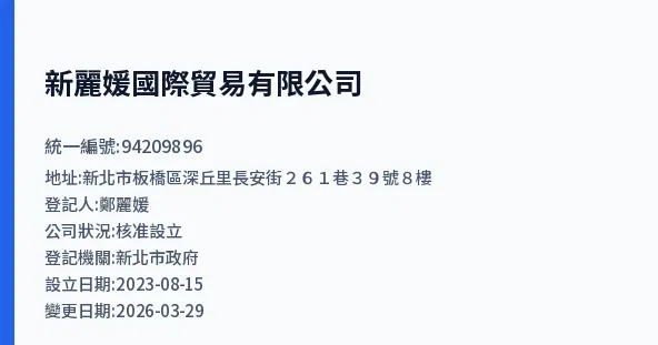 新麗媛國際貿易有限公司的照片-統編 94209896(新北市) 公司登記資料與營業項目詳細圖表