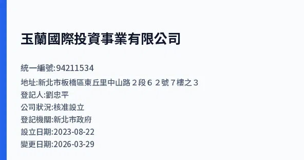 玉蘭國際投資事業有限公司的照片-統編 94211534(新北市) 公司登記資料與營業項目詳細圖表