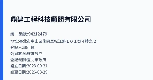 鼎建工程科技顧問有限公司的照片-統編 94212479(臺北市) 公司登記資料與營業項目詳細圖表
