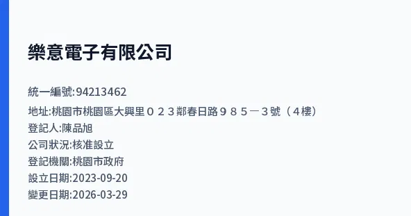 樂意電子有限公司的照片-統編 94213462(桃園市) 公司登記資料與營業項目詳細圖表