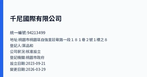 千尼國際有限公司的照片-統編 94213499(桃園市) 公司登記資料與營業項目詳細圖表