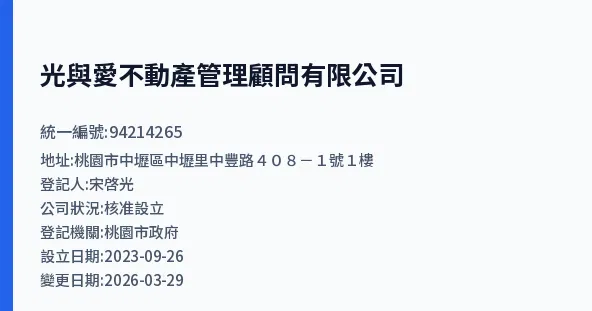 光與愛不動產管理顧問有限公司的照片-統編 94214265(桃園市) 公司登記資料與營業項目詳細圖表