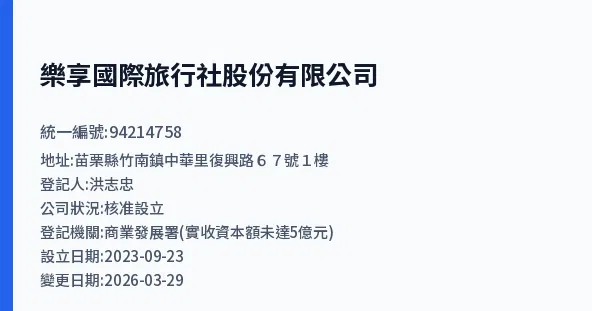 樂享國際旅行社股份有限公司的照片-統編 94214758(苗栗縣) 公司登記資料與營業項目詳細圖表
